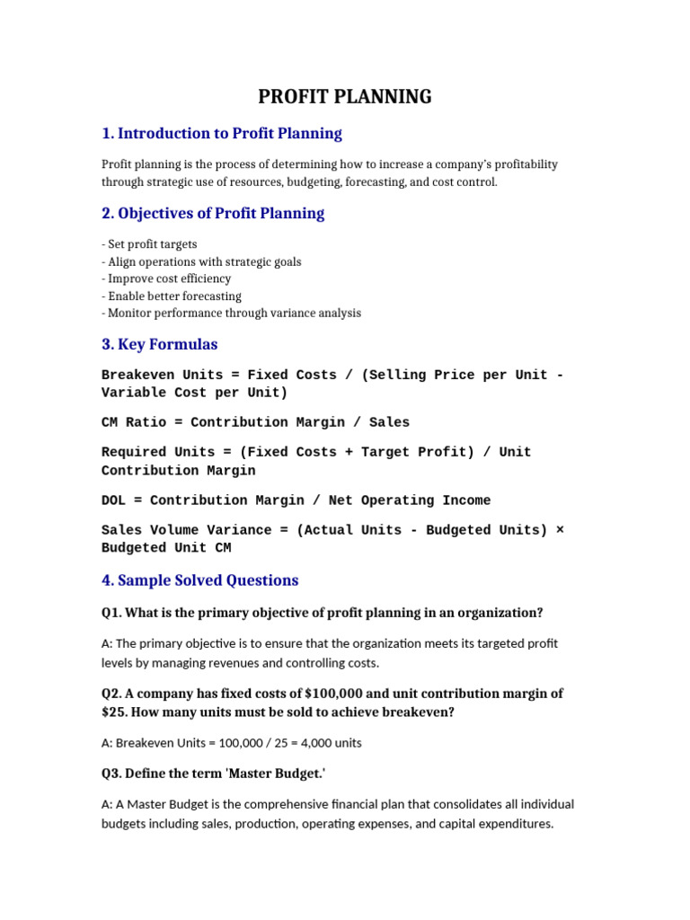 Profit Planning: Key Formulas & Insights | PDF | Budget | Business ...