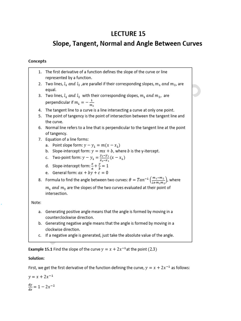 Lecture 15 Slope Tangent and Normal | PDF | Tangent | Slope