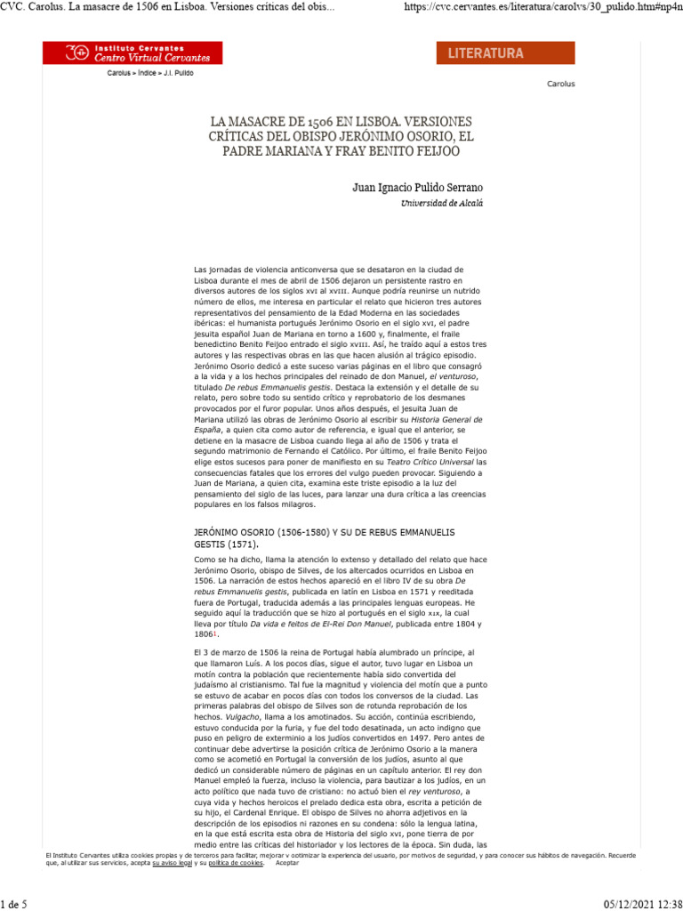 La Masacre de 1506 en Lisboa. Versiones Críticas Del Obispo Jerónimo ...