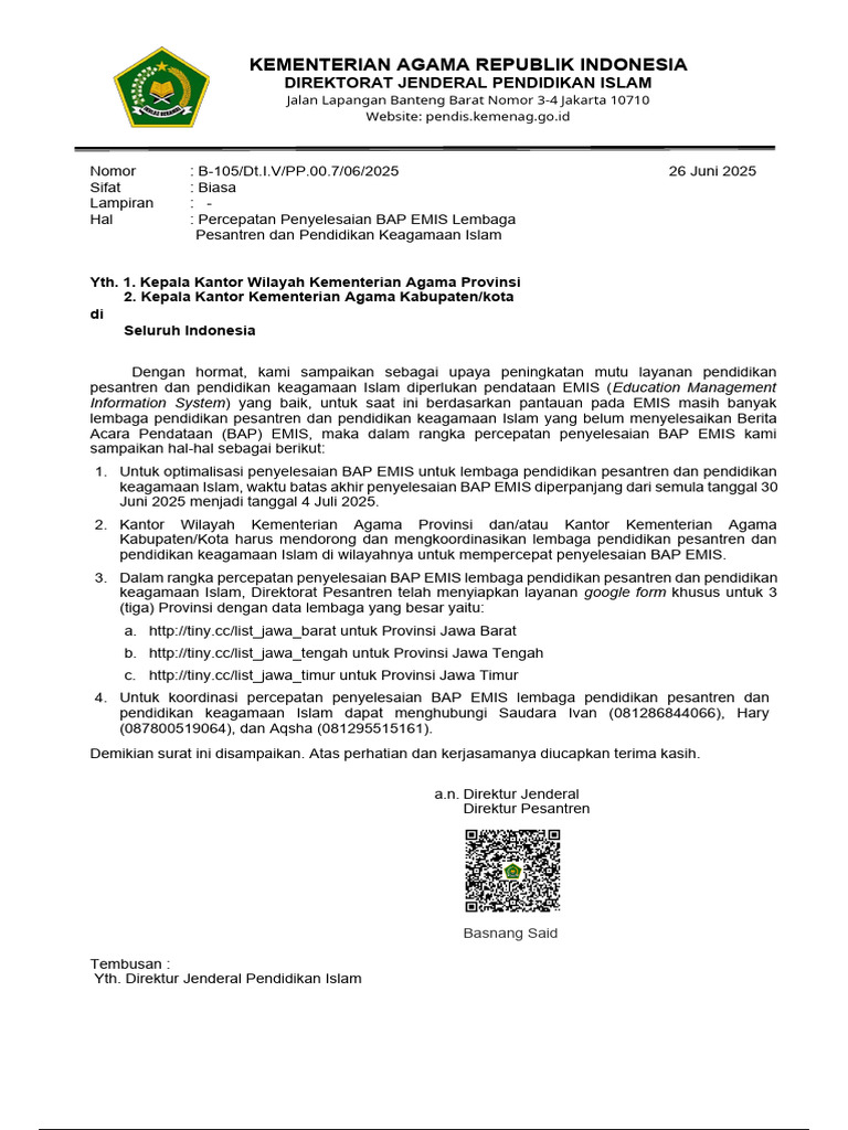 Surat Percepatan BAP Emis Pesantren | PDF