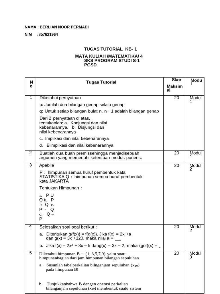 Tugas 1 Berlian Noor Permadi Pdgk4108 | PDF