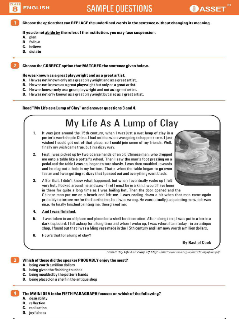 ASSET English Sample Papers Class 8 | PDF