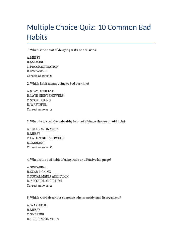 Multiple Choice Quiz Bad Habits | PDF