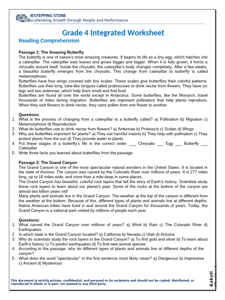 Grade 4 Integrated Worksheet | PDF | Butterfly | Canyon