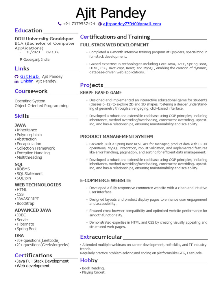 Ajit Pandey New Resume | PDF | Web Development | Java (Programming Language)