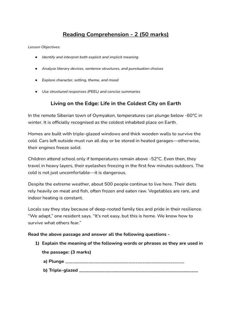 Grade 7 Unseen Comprehension: Oymyakon | PDF | Human Communication ...
