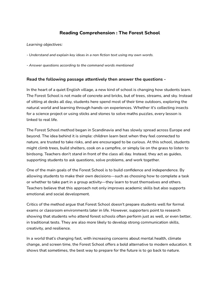 Forest School Reading Comprehension Guide | PDF | Reading Comprehension ...