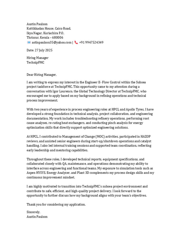 TechnipFMC Coverletter 2 | PDF