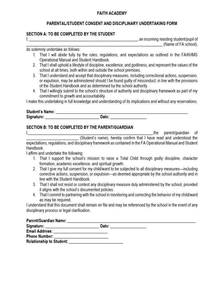 Faith Academy Parental Student Consent and Disciplinary Undertaking Form | PDF