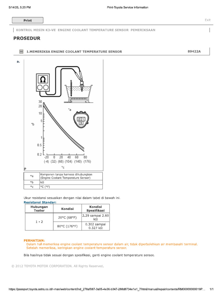 Engine Coolant Temperature Sensor Pemeriksaan | PDF