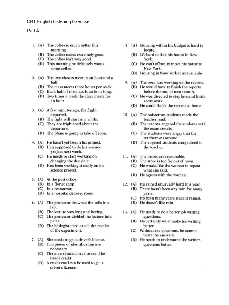 Listening TOEFL Pre-Test Exercise | PDF