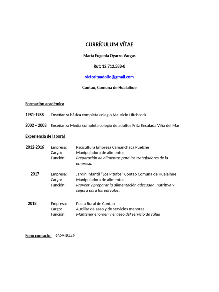 Currículum Vitae de María Oyarzo | PDF