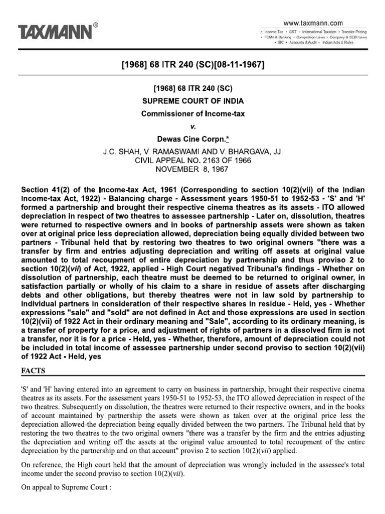 (1968) 68 ITR 240 (SC) CIT Vs Dewas Cine Corpn | PDF