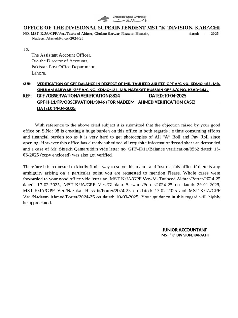 GPF Forwarding Letter Regarding A Roll Pay Roll Objection | PDF ...