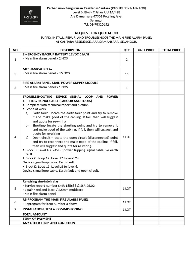 Fire Alarm Quotation for Cantara Residence | PDF | Electronics ...