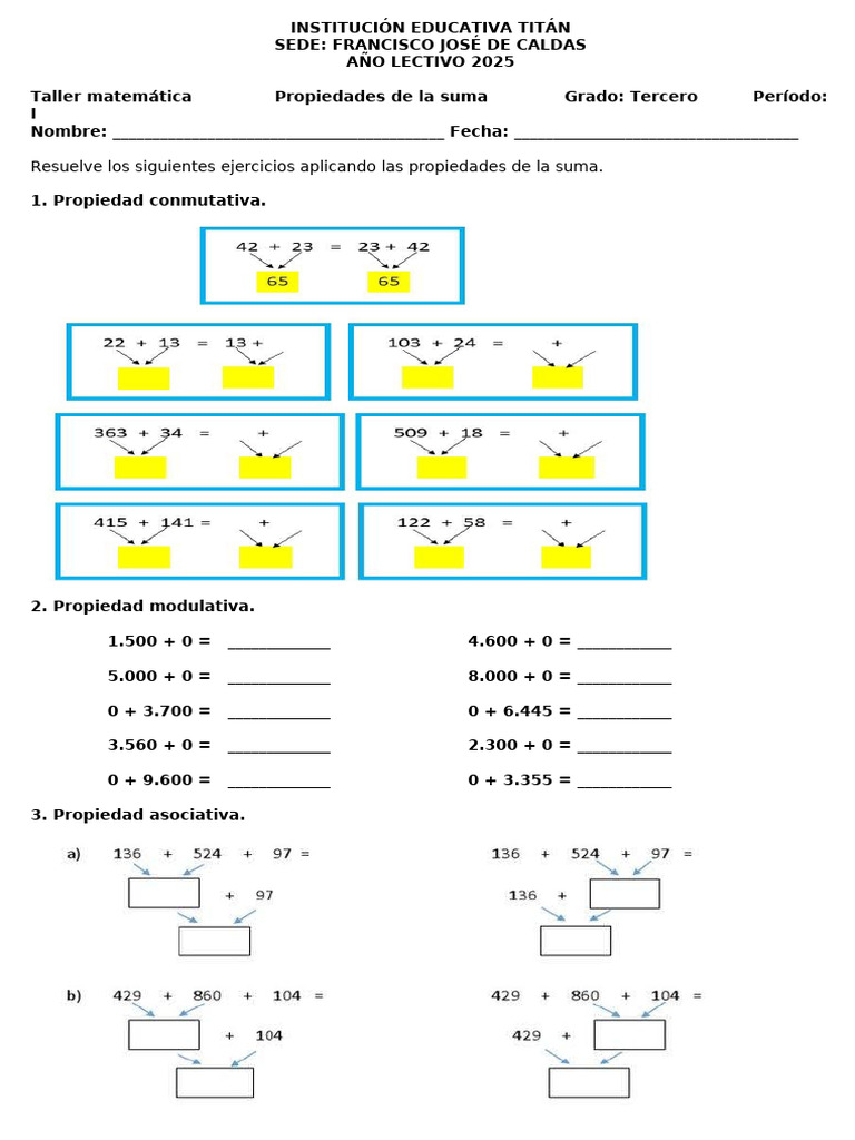 Taller de Matemáticas: Propiedades de la Suma | PDF