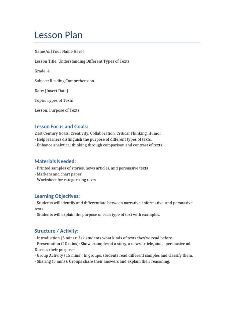 Types of Texts Lesson Plan for Grade 4 | PDF