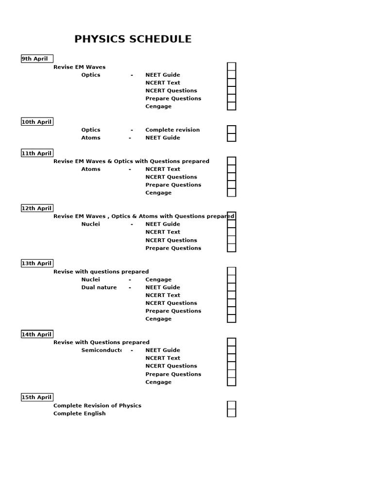 Physics Revision Schedule | PDF