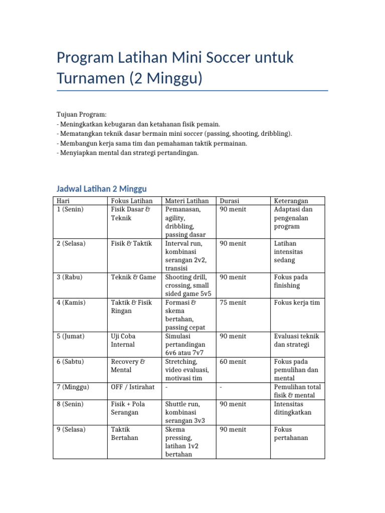 Program Latihan Mini Soccer 2 Minggu | PDF