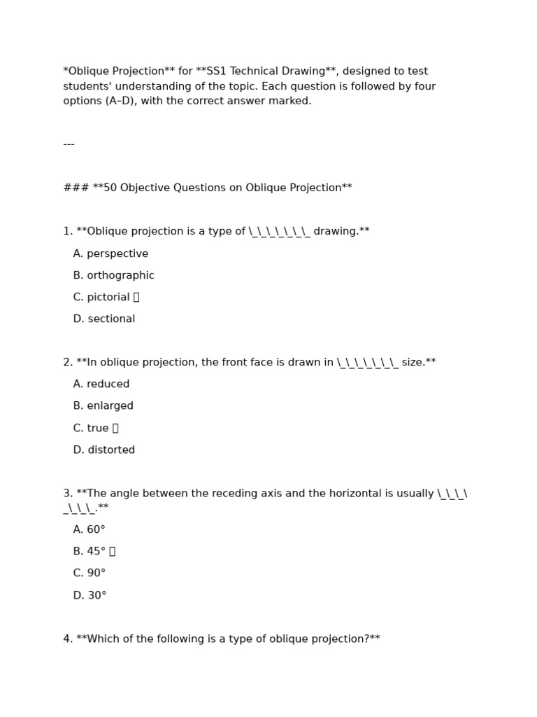 Oblique Projection: 50 Objective Questions | PDF | Geometry | Technical ...