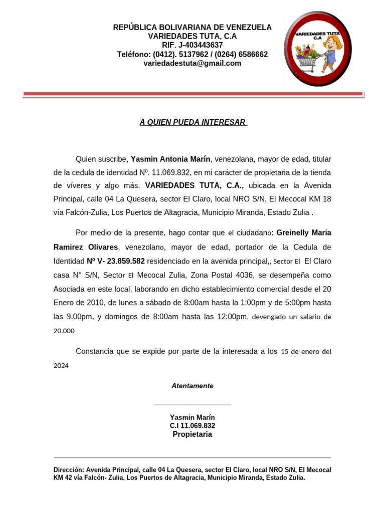 Carta de Trabajo Tuta Frey | PDF