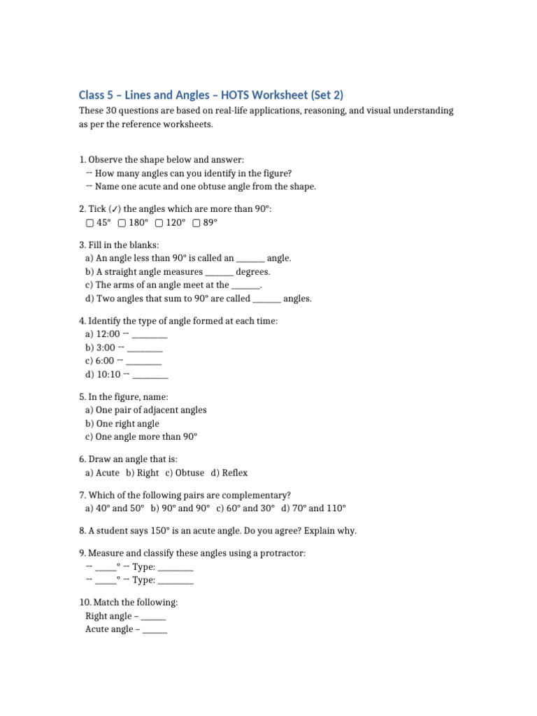 Class 5 Lines and Angles Worksheet | PDF | Triangle | Angle