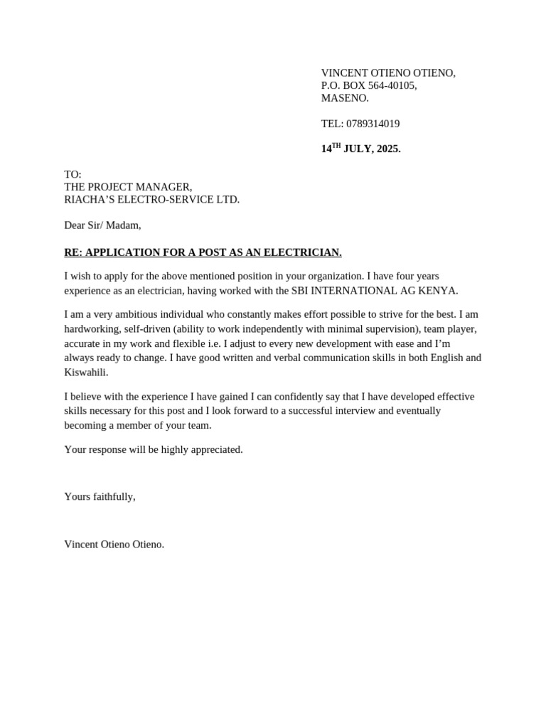 Electrician Job Application by Vincent Otieno | PDF | Electrician