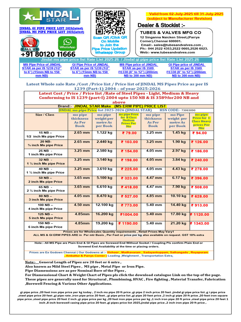 Jindal Pipe Price List 2025-26 | PDF | Pipe (Fluid Conveyance) | Corrosion