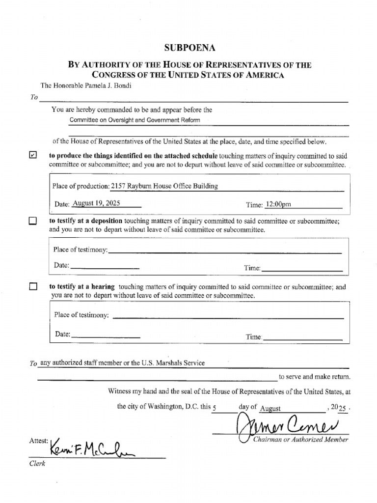 2025.08.05 Subpoena and Schedule To DOJ | PDF