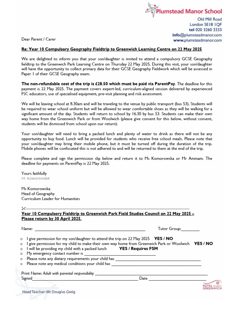Letter Y10 GCSE Geography Fieldtrip To Greenwich Park FSC - 22 May 2025 ...