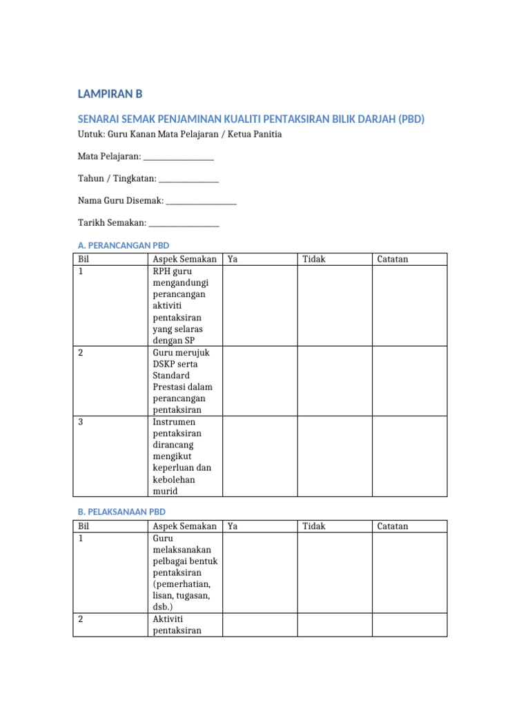 Lampiran B Senarai Semak Penjaminan Kualiti PBD | PDF
