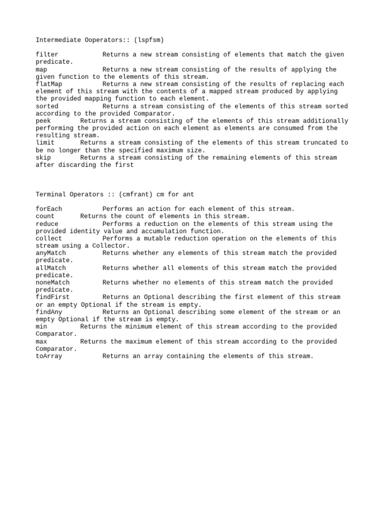 Java Stream Operators Cheat Sheet | PDF