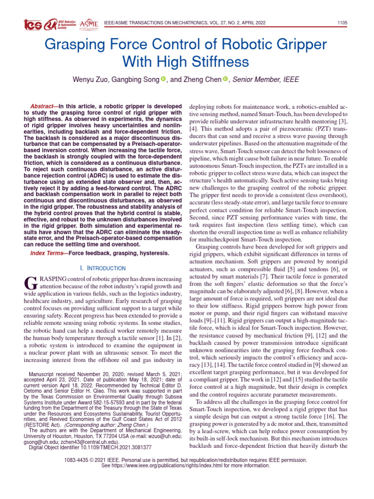 Grasping Force Control of Robotic Gripper With High Stiffness | PDF | Force | Hysteresis