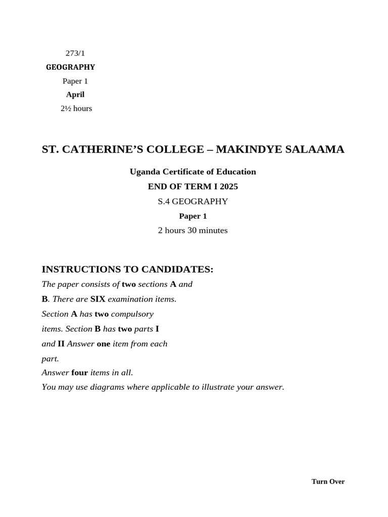 S4 Geography Paper 1 EOT 2025 | PDF | Drainage Basin | River