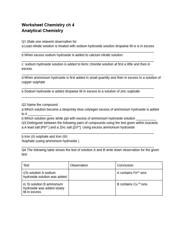 Chemistry Ch4 Worksheet | PDF | Hydroxide | Sodium Hydroxide