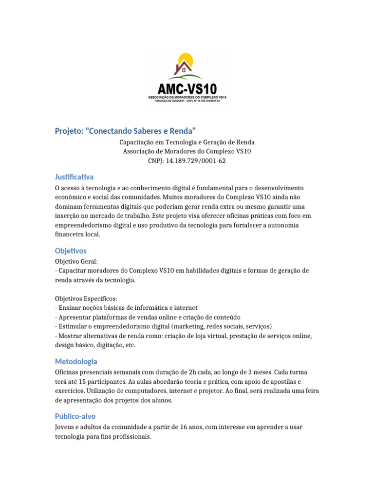 Projeto Conectando Saberes e Renda_AMC-VS10 | PDF | Internet | Rede social