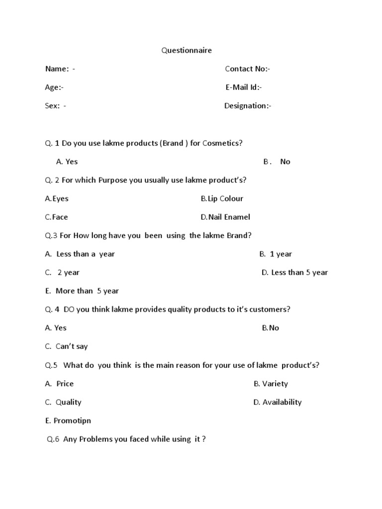 Questionnaire Mba Project | PDF | Business | Marketing