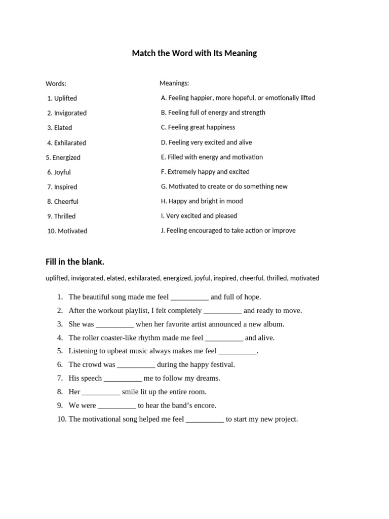 Emotions Word Matching Exercise | PDF