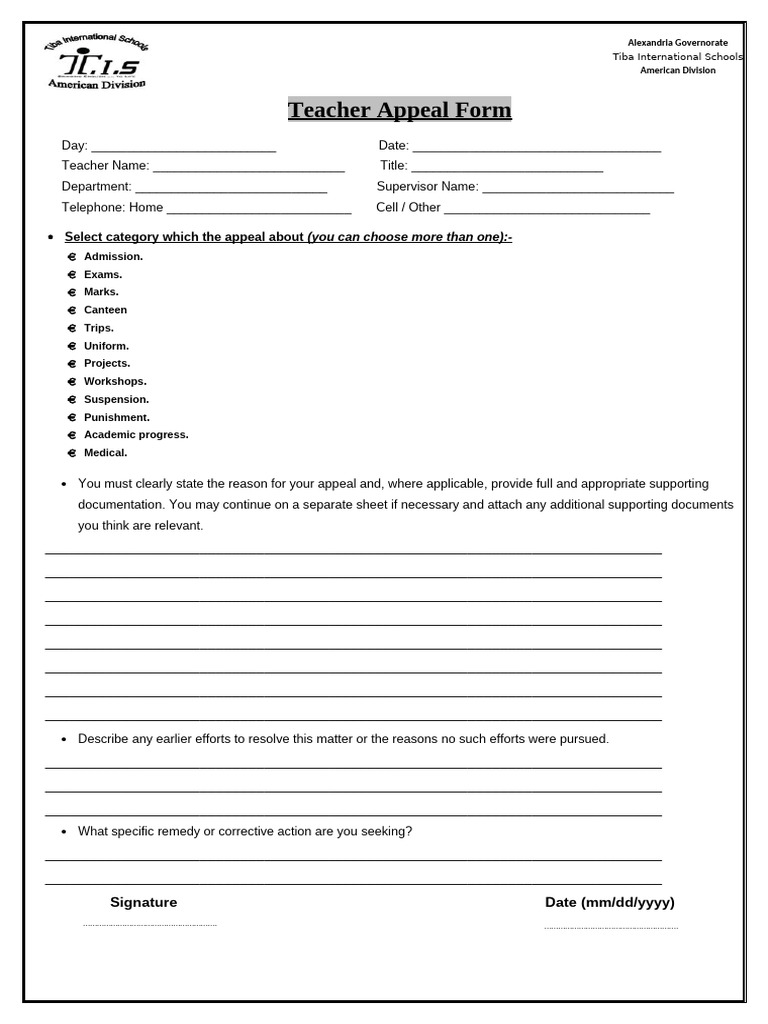 Teacher Appeals Form | PDF