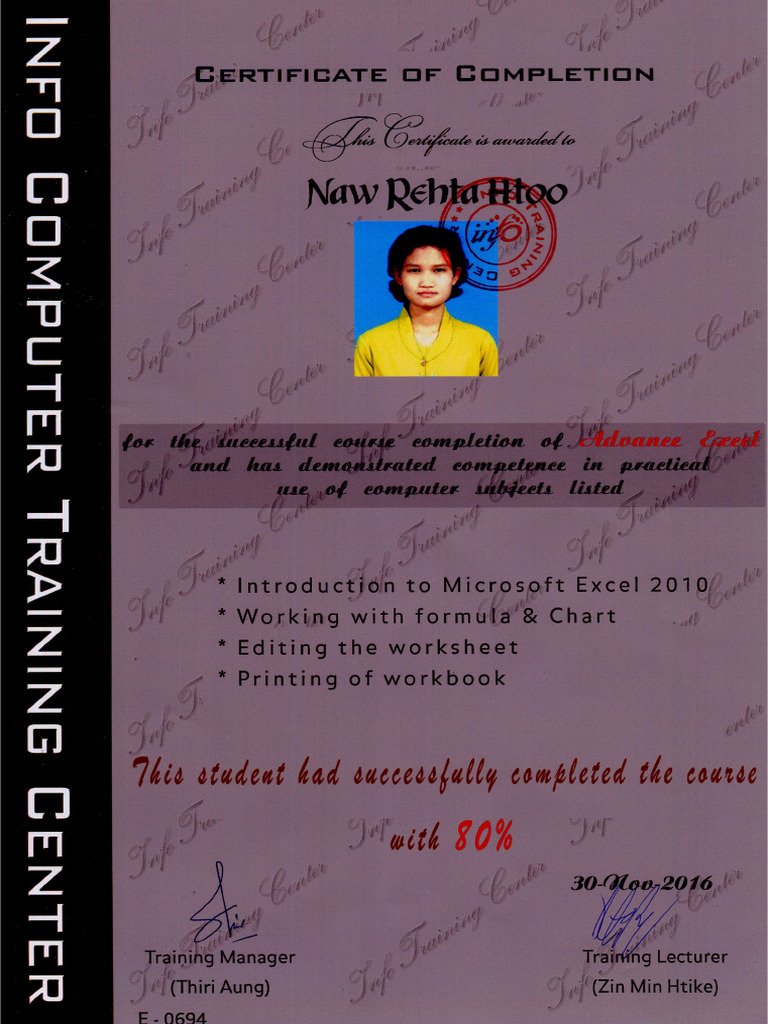 Certificate of Advanced Excel (Nov, 2016) | PDF