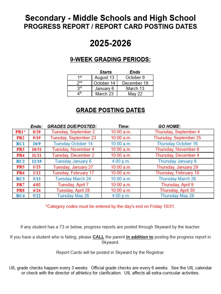 25-26 Secondary Report Card - Grade Posting Schedule | PDF | Schools ...