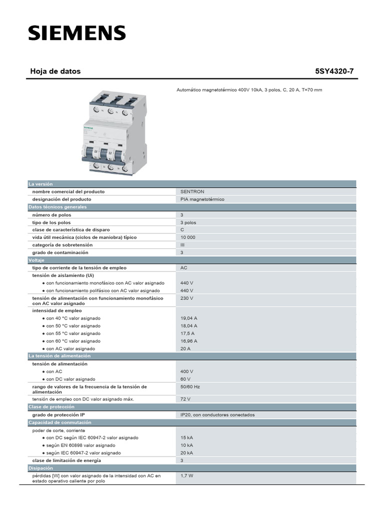 Interruptor Magnetotérmico 20A 400V C | PDF | Corriente eléctrica ...