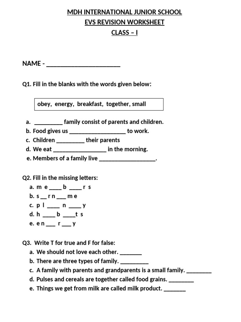 Class 1 Revision WKST - PT-2 | PDF