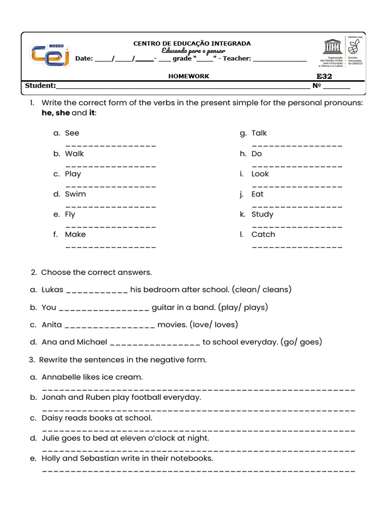 Present Simple Homework Exercise | PDF