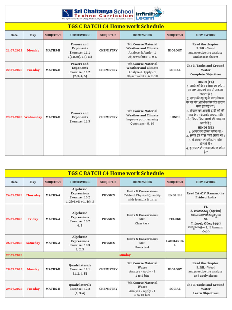 Homework Schedule for TGS C Batch C4 | PDF