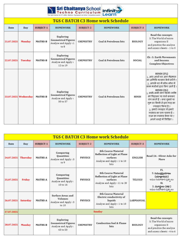 c3 (c Batch) Homework Schedules(21.07.2025 to 07.08.2025) | PDF