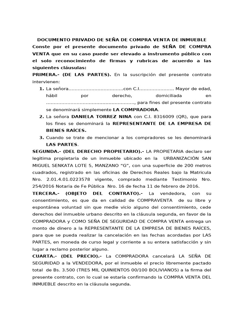 Documento Privado de Seña de Compra Venta de Inmueble | PDF