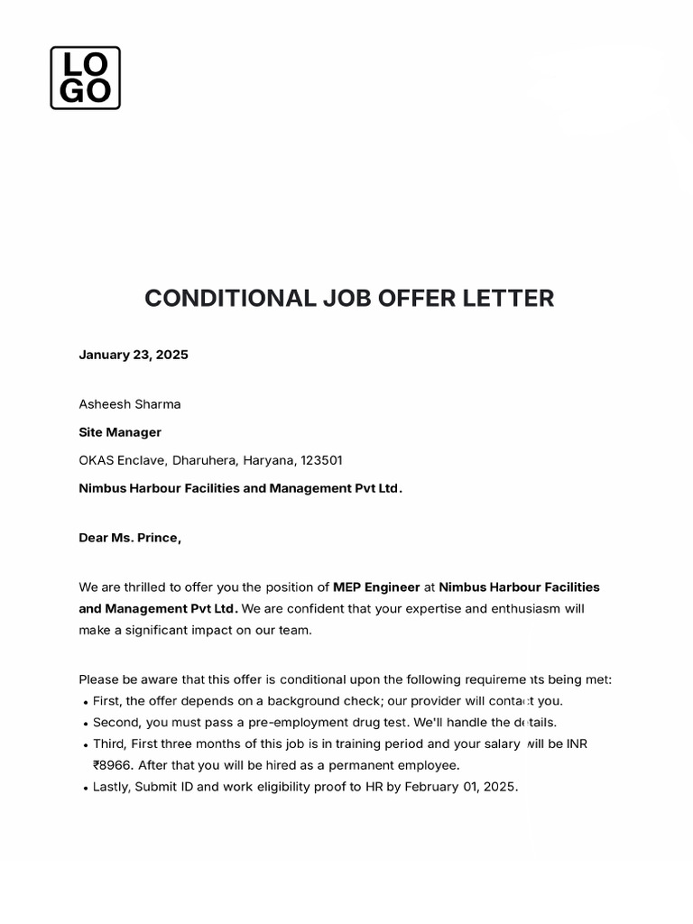 Conditional Job Offer Letter Nimbus | PDF