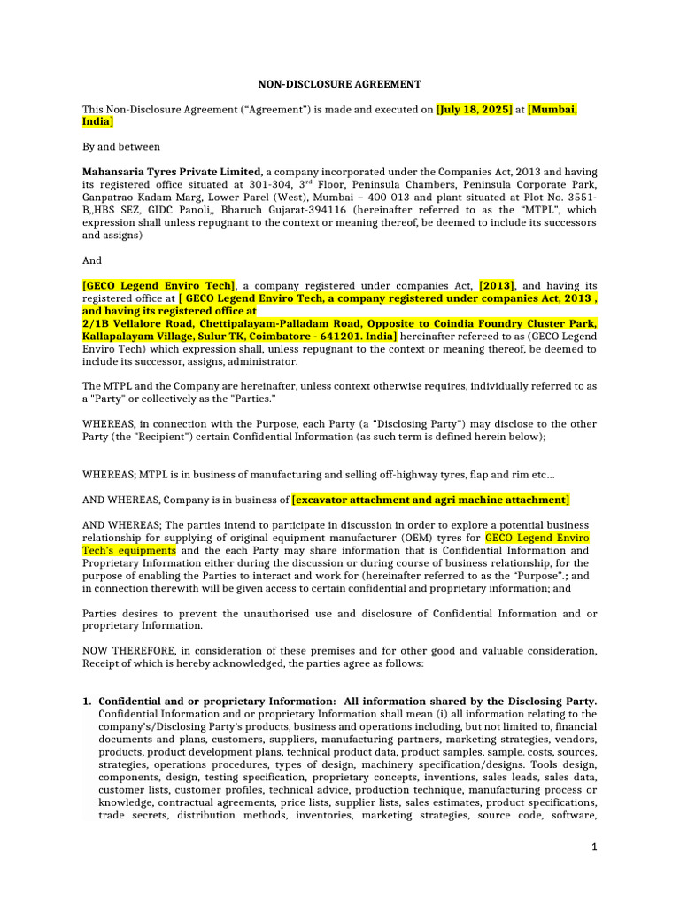 Standard NDA (MTPL - OEM - Bilateral Agmt) 2025 | PDF | Trade Secret ...