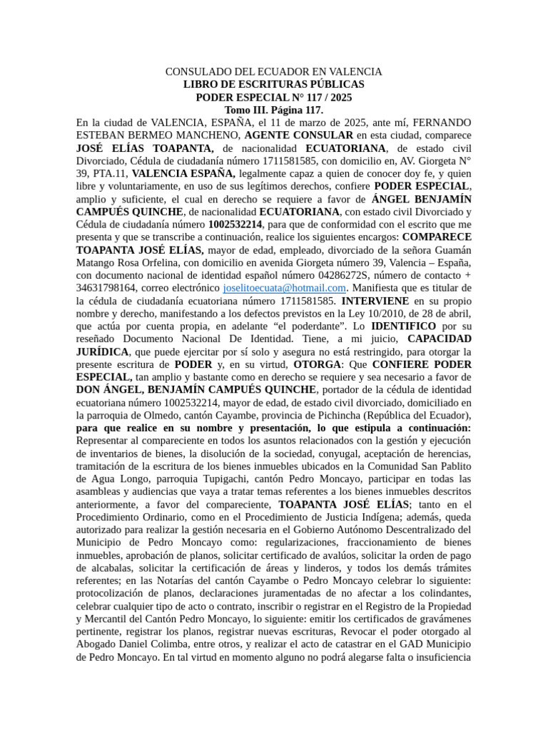 Poder Especial del Consulado Ecuador | PDF